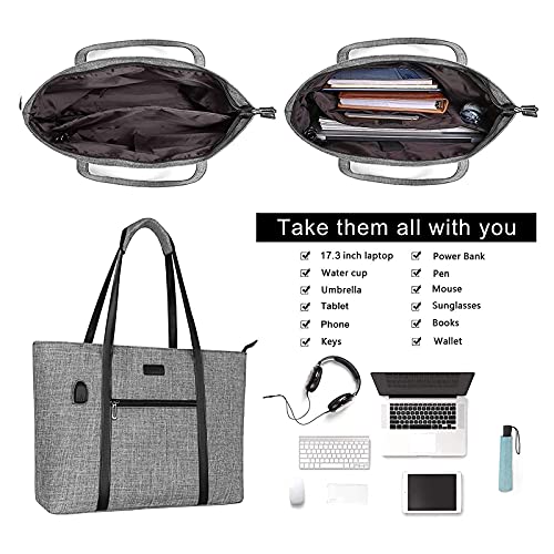 MOSISO USB Port Laptop Tote Bag for Women,Compatible with MacBook, 17-17.3 inch Notebook and Chromebook, Work Travel Business Computer Bag with Small Purse, Gray