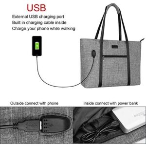 MOSISO USB Port Laptop Tote Bag for Women,Compatible with MacBook, 17-17.3 inch Notebook and Chromebook, Work Travel Business Computer Bag with Small Purse, Gray