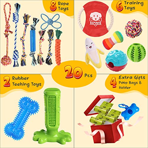 KIPRITII Chew Toys for Puppy ,Teething ,Boredom, 20 Pack Pet Toothbrush Chew Toys with Rope Toys, Treat Balls and Squeaky Toy for Small Dogs