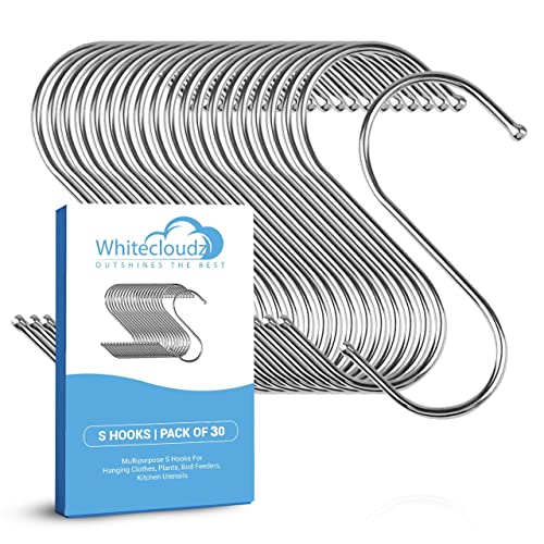 WHITECLOUDZ 30 Pack S Hooks for Hanging Plants, Stainless Steel S Hooks Heavy Duty for Hanging Clothes, Durable Large S Shaped Closet Hooks for Kitchen