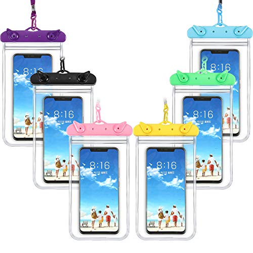 6 Universal Waterproof Phone Pouch Bag Underwater Case Clear Cellphone Dry Bag with Lanyard Swimming Snorkeling Water Sport Bag for Smartphone 6.9 Inch (Purple, Green, Black, Aqua Blue, Yellow, Pink)