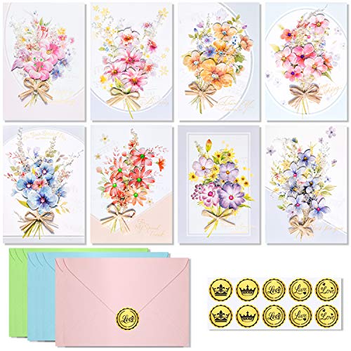 padike Premium Birthday Cards Box Set - Modern Floral - Birthday Wishes Greeting Cards - 8pc Happy Birthday Card with Envelopes Box Set - Envelopes and Gold Seals