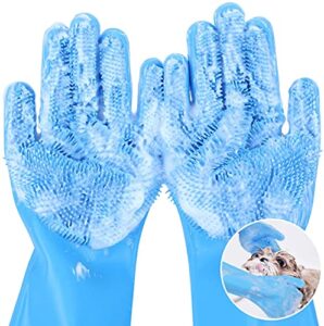 pecute pet grooming gloves, heat resistant cat bathing gloves with high-density teeth, silicone dog bathing gloves with enhanced five finger design, bathing and massaging for dogs and cats blue