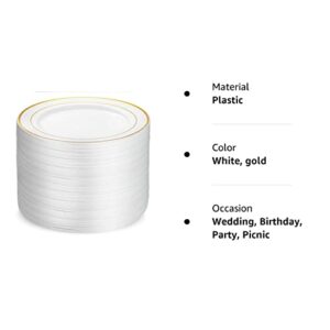 Munfix 100 Piece Plastic Party Plates White Gold Rim, Premium 10.25 Inch Dinner Elegant Fancy Heavy Duty Disposable Wedding Plates