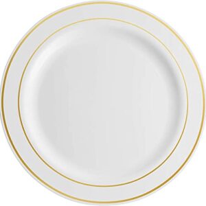 Munfix 100 Piece Plastic Party Plates White Gold Rim, Premium 10.25 Inch Dinner Elegant Fancy Heavy Duty Disposable Wedding Plates