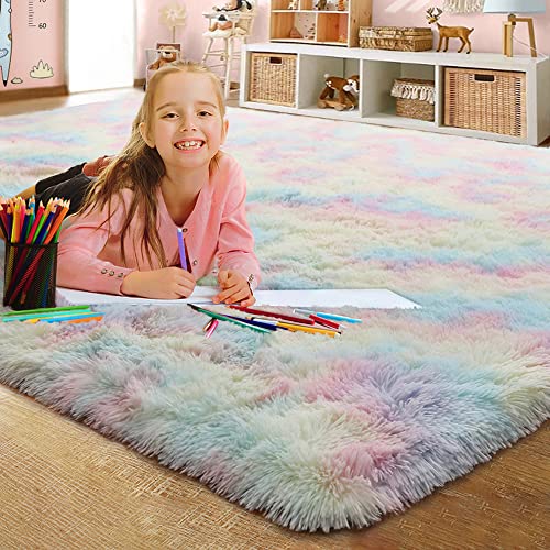 LOCHAS Luxury Shag Rug Fluffy Area Rugs 4x6 Feet, Cute Rainbow Rugs for Girls Bedroom Kids Room, Soft Tie-Dye Living Room Carpet, Teen Girls Boys Room Decor Carpets, Rainbow