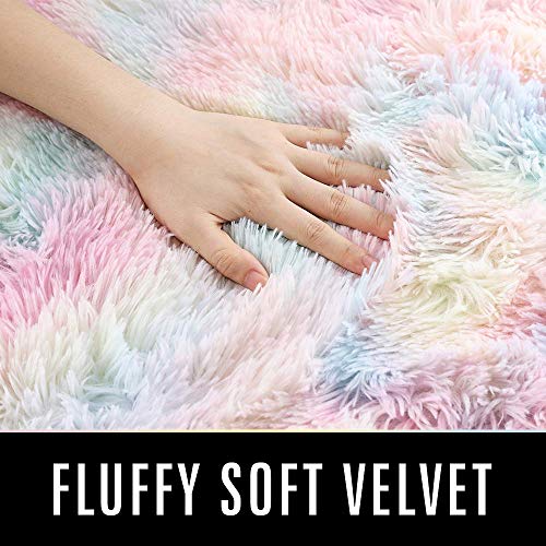 LOCHAS Luxury Shag Rug Fluffy Area Rugs 4x6 Feet, Cute Rainbow Rugs for Girls Bedroom Kids Room, Soft Tie-Dye Living Room Carpet, Teen Girls Boys Room Decor Carpets, Rainbow