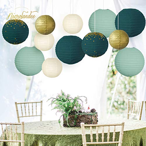 NICROLANDEE Wedding Party Decorations - 12Pcs Green Gold Hanging Paper Lanterns for Rustic Style Spring Decor Bridal Shower Baby Shower Birthday Eucalyptus Neutral Party Decor (Forest Green)