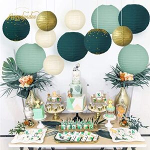 NICROLANDEE Wedding Party Decorations - 12Pcs Green Gold Hanging Paper Lanterns for Rustic Style Spring Decor Bridal Shower Baby Shower Birthday Eucalyptus Neutral Party Decor (Forest Green)