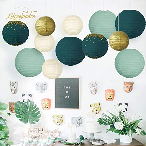 NICROLANDEE Wedding Party Decorations - 12Pcs Green Gold Hanging Paper Lanterns for Rustic Style Spring Decor Bridal Shower Baby Shower Birthday Eucalyptus Neutral Party Decor (Forest Green)