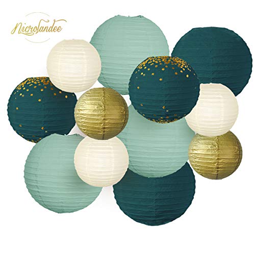 NICROLANDEE Wedding Party Decorations - 12Pcs Green Gold Hanging Paper Lanterns for Rustic Style Spring Decor Bridal Shower Baby Shower Birthday Eucalyptus Neutral Party Decor (Forest Green)