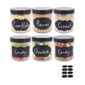 bpfy 6 pack 16 oz glass jars with plastic lids, glass kitchen canisters cabinet, pantry organization, food storage jars for flour, sugar, coffee, candy, snacks, 8 chalk labels, 1 pen