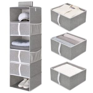 storageworks 6-shelf hanging closet shelves, hanging closet organizer with 3 drawers, canvas, light gray, 12 ¼”d x 13 ½”w x 47 ¾”h