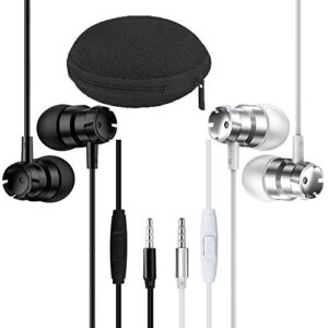 2 packs earbud headphones with remote & microphone and case, findtop earphone stereo noise isolating tangle free for ios and android, fits all 3.5mm interface device- black & white