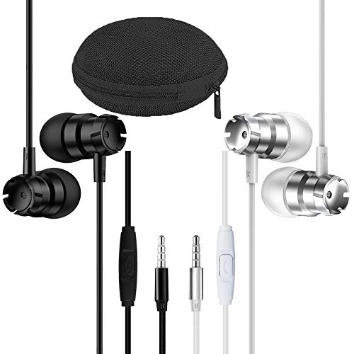 2 Packs Earbud Headphones with Remote & Microphone and Case, findTop Earphone Stereo Noise Isolating Tangle Free for iOS and Android, Fits All 3.5mm Interface Device- Black & White