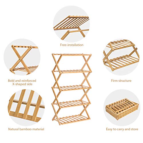 YEAKOO Multi Tier Shoe Rack, Foldable Bamboo 5 Tier Shoe Storage Organizer, Multifunctional Free Standing Shoe Shelf for Home, Entryway, Hallway, Living Room, Bedroom, Balcony (20" L x10 W)