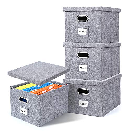 UL Source Upgraded Collapsible Hanging File Storage Boxes with Smooth Sliding Rail Large Capacity Filing Organizer Letter/Legal File Floder Storage, Office Box (Gray-4packs)