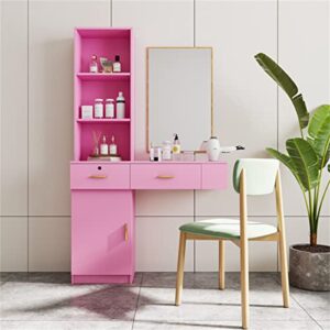 lls makeup dressing table, computer desk vanity set wooden dresser with 1 storage cabinet, 2 drawers & 3 open shelves, modern hair desk writing desk without mirror for studio toilet barber shop, pink