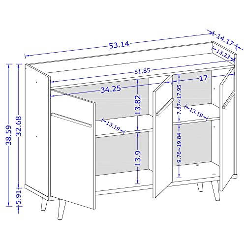 Manhattan Comfort Bradley Mid Century Modern Dining Room 4 Shelves Buffet Stand Cabinet, 53.54", Off White