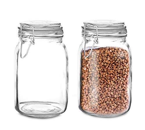 Set of 2 Large Glass Mason Jar with Lid (3 Liter) | Airtight Glass Storage Container for Food, Flour, Pasta, Coffee, Candy, Dog Treats, Snacks & More | Glass Organization Canisters 100 Ounces