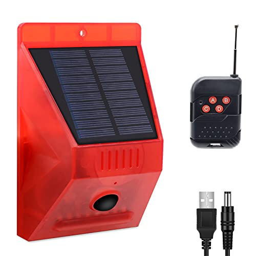 Solar Strobe Light with Remote Controller, Solar Alarm Light with Motion Detector Solar Alarm Light 129db Sound Security Siren IP65 Waterproof, Protected Your Home, Farm, Barn, Barn,Villa,Yard (Red)