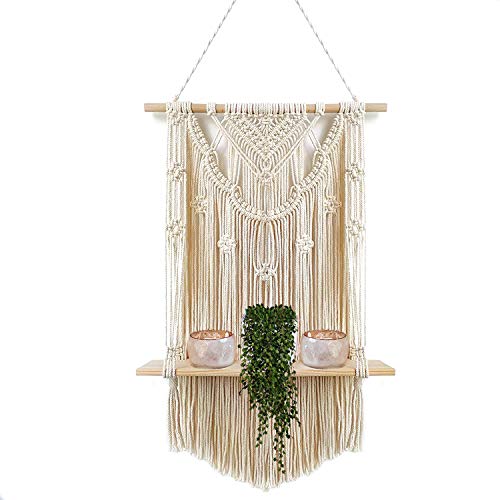 KALTEK Macrame Shelf with Flower Design | Boho Style with Floating Wood Shelf | Beautiful Handmade Macrame Shelf for Hanging Plants and Decor | Boho Wall Decor with Macrame Rope Shelving