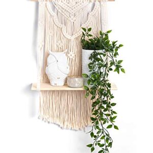 KALTEK Macrame Shelf with Flower Design | Boho Style with Floating Wood Shelf | Beautiful Handmade Macrame Shelf for Hanging Plants and Decor | Boho Wall Decor with Macrame Rope Shelving