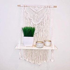 KALTEK Macrame Shelf with Flower Design | Boho Style with Floating Wood Shelf | Beautiful Handmade Macrame Shelf for Hanging Plants and Decor | Boho Wall Decor with Macrame Rope Shelving