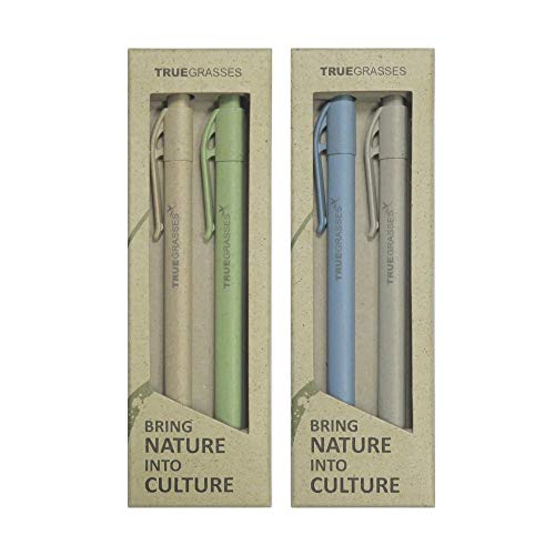 TRUEGRASSES BALL PEN 15cm (Blue/Black/0.7mm), Material: Grasses/Straw + PP (2-Pack, Set of 2, Beige/Green/Blue/Gray)