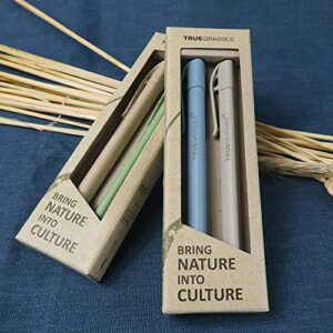 TRUEGRASSES BALL PEN 15cm (Blue/Black/0.7mm), Material: Grasses/Straw + PP (2-Pack, Set of 2, Beige/Green/Blue/Gray)