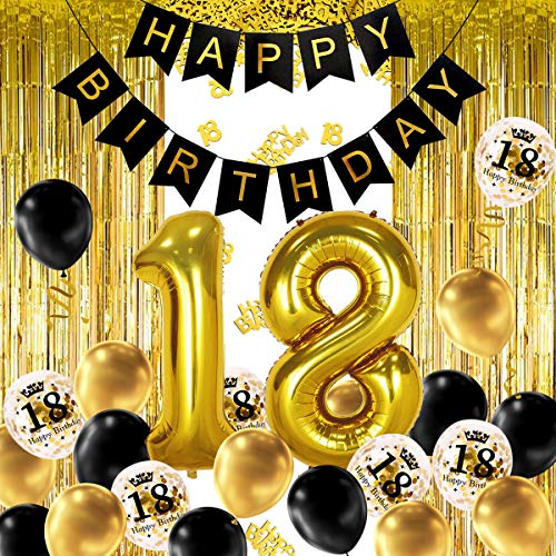 MOVINPE 18th Black Gold Birthday Party Decoration, Happy Birthday Banner, Jumbo Number 18 Foil Balloon, 2 Fringe Curtain, Latex Confetti Balloon, Table Confetti for Boy Girl Men Women Anniversary