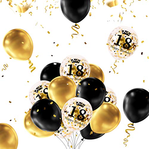 MOVINPE 18th Black Gold Birthday Party Decoration, Happy Birthday Banner, Jumbo Number 18 Foil Balloon, 2 Fringe Curtain, Latex Confetti Balloon, Table Confetti for Boy Girl Men Women Anniversary