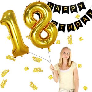 MOVINPE 18th Black Gold Birthday Party Decoration, Happy Birthday Banner, Jumbo Number 18 Foil Balloon, 2 Fringe Curtain, Latex Confetti Balloon, Table Confetti for Boy Girl Men Women Anniversary