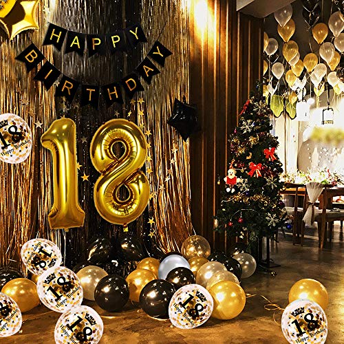 MOVINPE 18th Black Gold Birthday Party Decoration, Happy Birthday Banner, Jumbo Number 18 Foil Balloon, 2 Fringe Curtain, Latex Confetti Balloon, Table Confetti for Boy Girl Men Women Anniversary