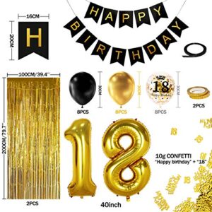 MOVINPE 18th Black Gold Birthday Party Decoration, Happy Birthday Banner, Jumbo Number 18 Foil Balloon, 2 Fringe Curtain, Latex Confetti Balloon, Table Confetti for Boy Girl Men Women Anniversary