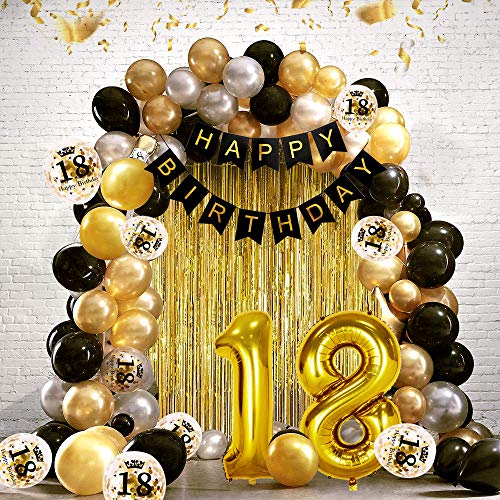 MOVINPE 18th Black Gold Birthday Party Decoration, Happy Birthday Banner, Jumbo Number 18 Foil Balloon, 2 Fringe Curtain, Latex Confetti Balloon, Table Confetti for Boy Girl Men Women Anniversary