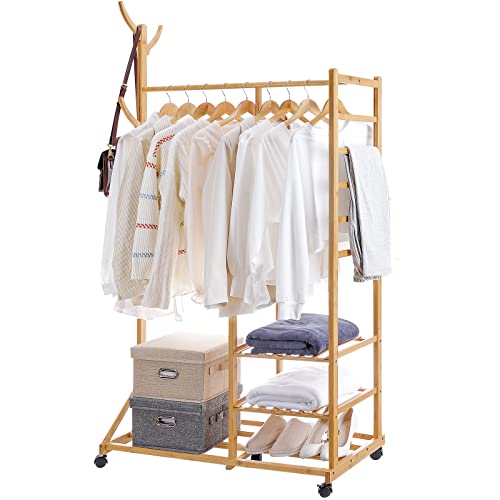 Homde Clothing Rack Bamboo Garment Rack Rolling Coat Rack Multifunctional Bedroom Hanging Rack Clothing Organizer Hat Tree 3 Layers Wardrobe Storage Shelves with Wheels 6 Hooks