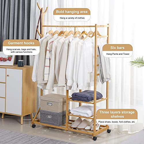 Homde Clothing Rack Bamboo Garment Rack Rolling Coat Rack Multifunctional Bedroom Hanging Rack Clothing Organizer Hat Tree 3 Layers Wardrobe Storage Shelves with Wheels 6 Hooks