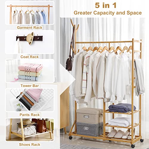 Homde Clothing Rack Bamboo Garment Rack Rolling Coat Rack Multifunctional Bedroom Hanging Rack Clothing Organizer Hat Tree 3 Layers Wardrobe Storage Shelves with Wheels 6 Hooks