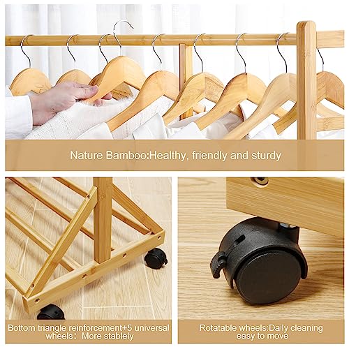 Homde Clothing Rack Bamboo Garment Rack Rolling Coat Rack Multifunctional Bedroom Hanging Rack Clothing Organizer Hat Tree 3 Layers Wardrobe Storage Shelves with Wheels 6 Hooks