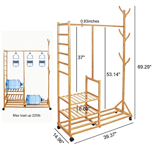 Homde Clothing Rack Bamboo Garment Rack Rolling Coat Rack Multifunctional Bedroom Hanging Rack Clothing Organizer Hat Tree 3 Layers Wardrobe Storage Shelves with Wheels 6 Hooks