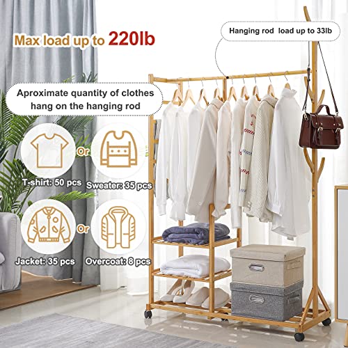 Homde Clothing Rack Bamboo Garment Rack Rolling Coat Rack Multifunctional Bedroom Hanging Rack Clothing Organizer Hat Tree 3 Layers Wardrobe Storage Shelves with Wheels 6 Hooks