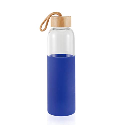 Vucchini Leak Proof Glass Water Bottle With Silicone Sleeve - Borosilicate Glass Sports Water Bottle With Lid - Reusable BPA Free 17oz Blue