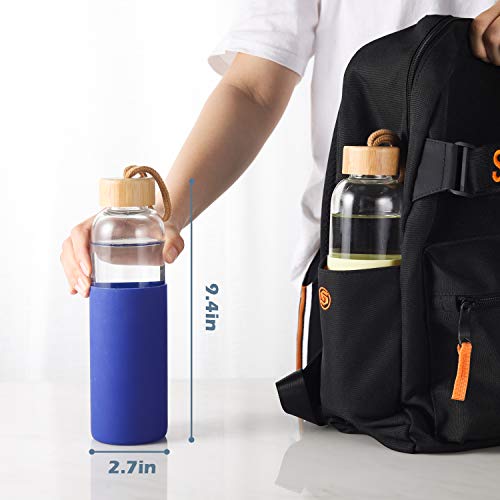 Vucchini Leak Proof Glass Water Bottle With Silicone Sleeve - Borosilicate Glass Sports Water Bottle With Lid - Reusable BPA Free 17oz Blue