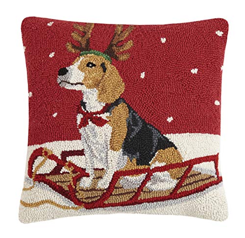 Peking Handicraft 31SJM10012C18SQ Beagle on a Sleigh Hook Pillow, 18-inch Square, Wool and Cotton