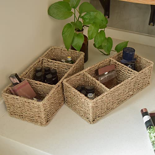 StorageWorks 3-Section Wicker Baskets for Shelves, Hand-Woven Seagrass Storage Baskets, 2-Pack