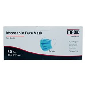 MAGID MM005 Disposable Face Masks with Adjustable Nose Clip, Triple-layer construction, Non-woven Material, Spandex/Polyester Blend Ear Loops (50 Masks)