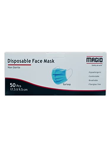 MAGID MM005 Disposable Face Masks with Adjustable Nose Clip, Triple-layer construction, Non-woven Material, Spandex/Polyester Blend Ear Loops (50 Masks)