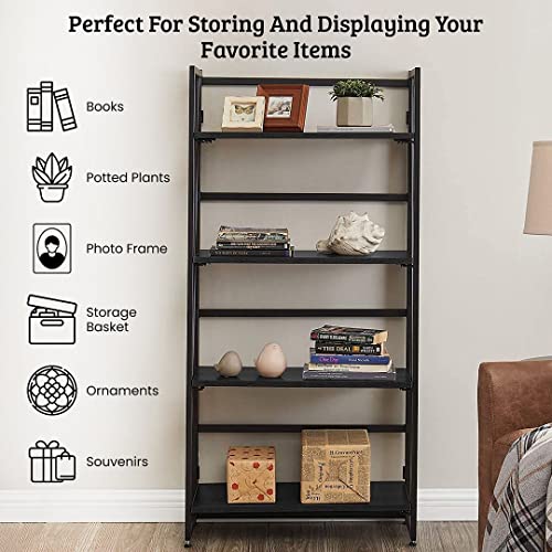 Halter 4-Tier Industrial Bookshelf Standing Shelving Unit Folding Book Shelf Organizer Wood Bookshelf Shelves for Living Room Office or Bedroom 2 Pack Black