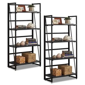 halter 4-tier industrial bookshelf standing shelving unit folding book shelf organizer wood bookshelf shelves for living room office or bedroom 2 pack black